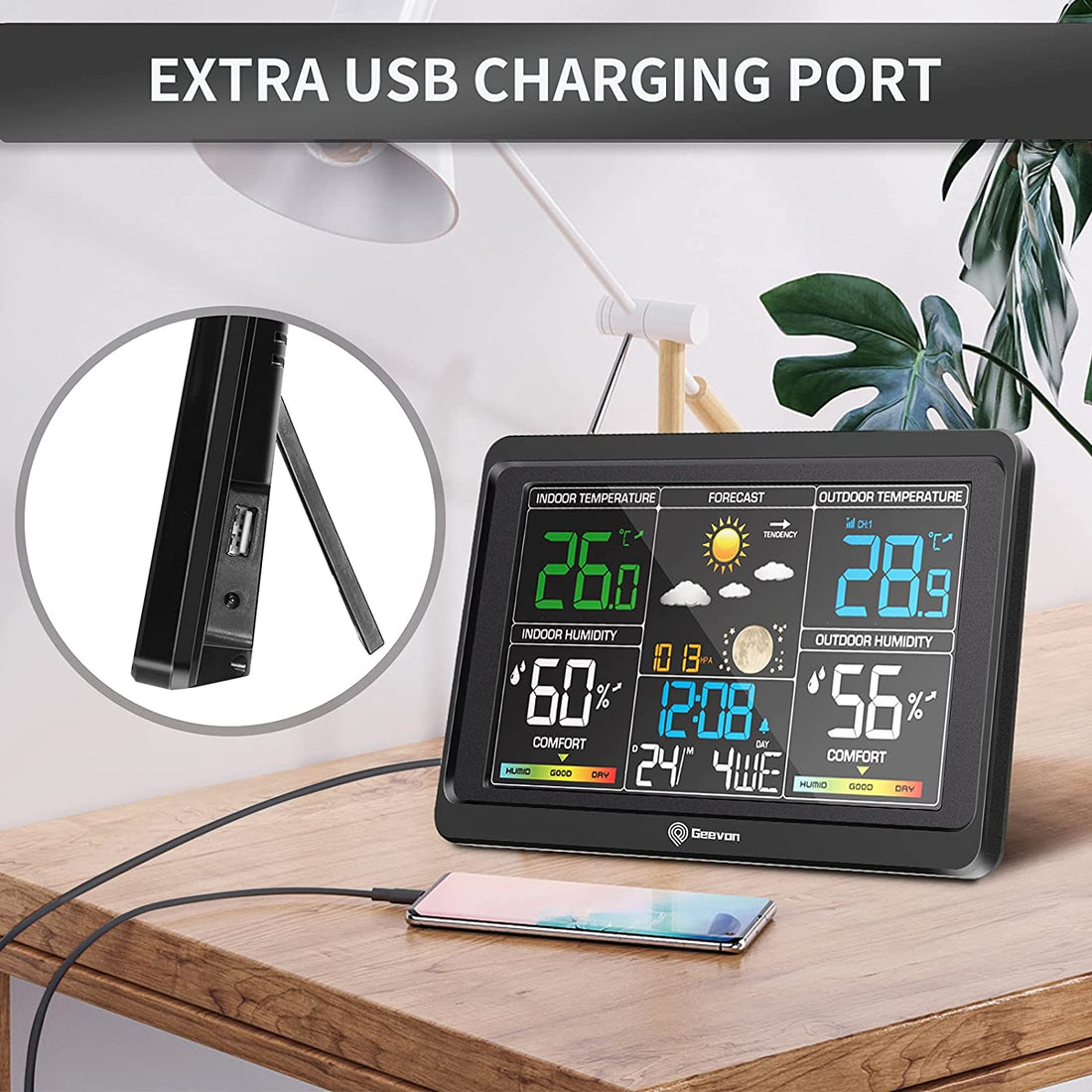 Geevon Weather Station Wireless Indoor Outdoor Thermometer, Large Colo ...