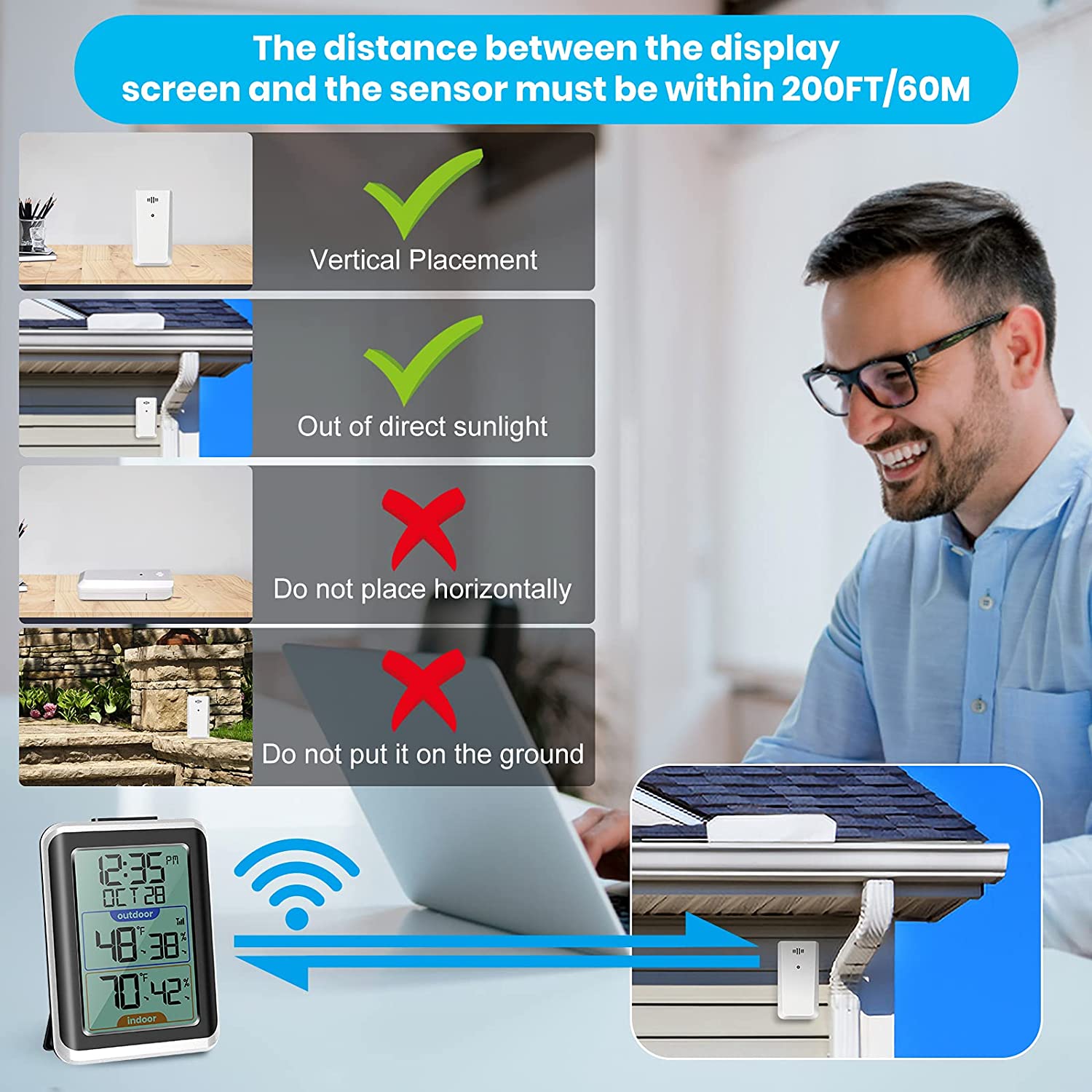 GEEVON Indoor Outdoor Thermometer Wireless Digital Hygrometer Temperat ...