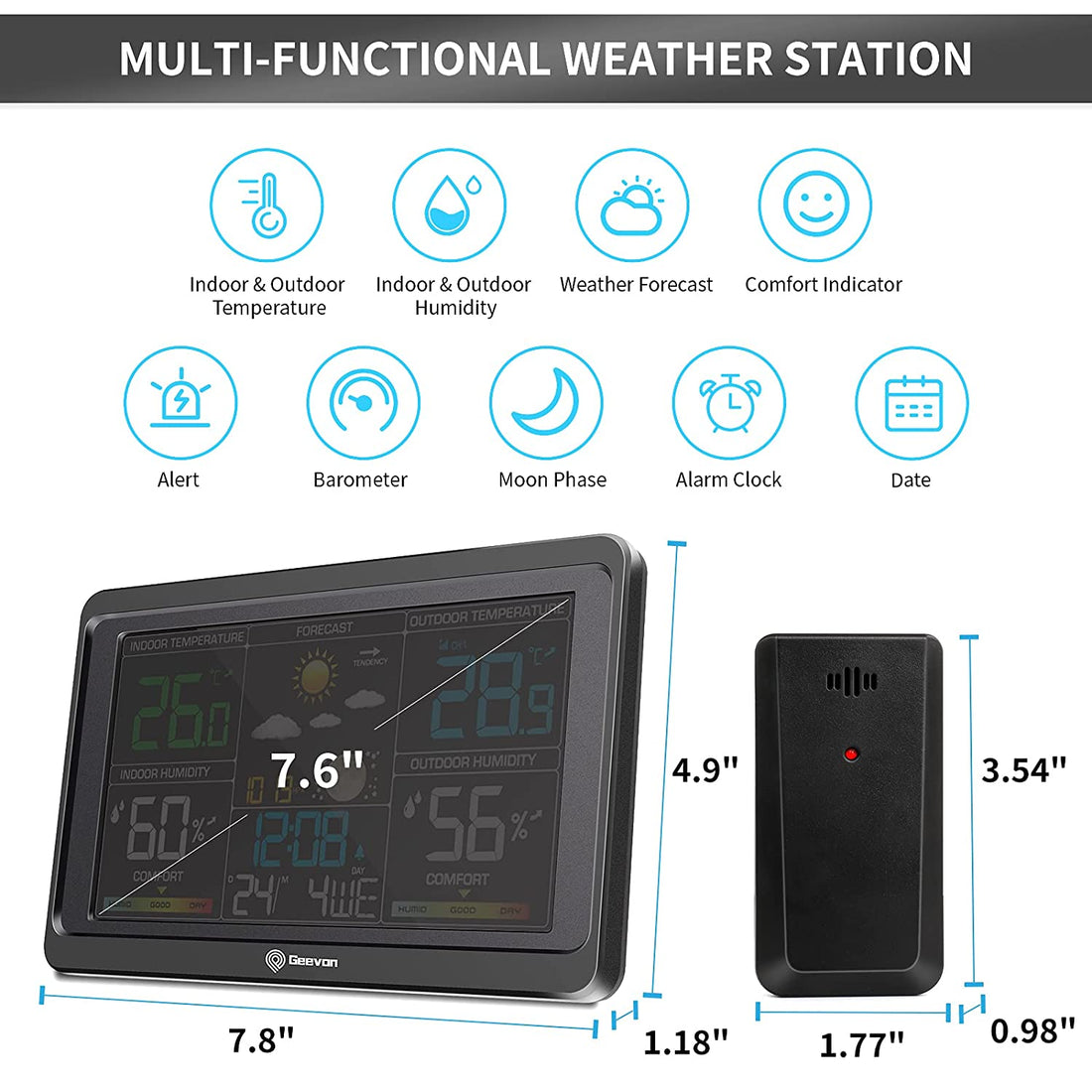 Geevon Weather Station Wireless Indoor Outdoor Thermometer, Large Colo ...