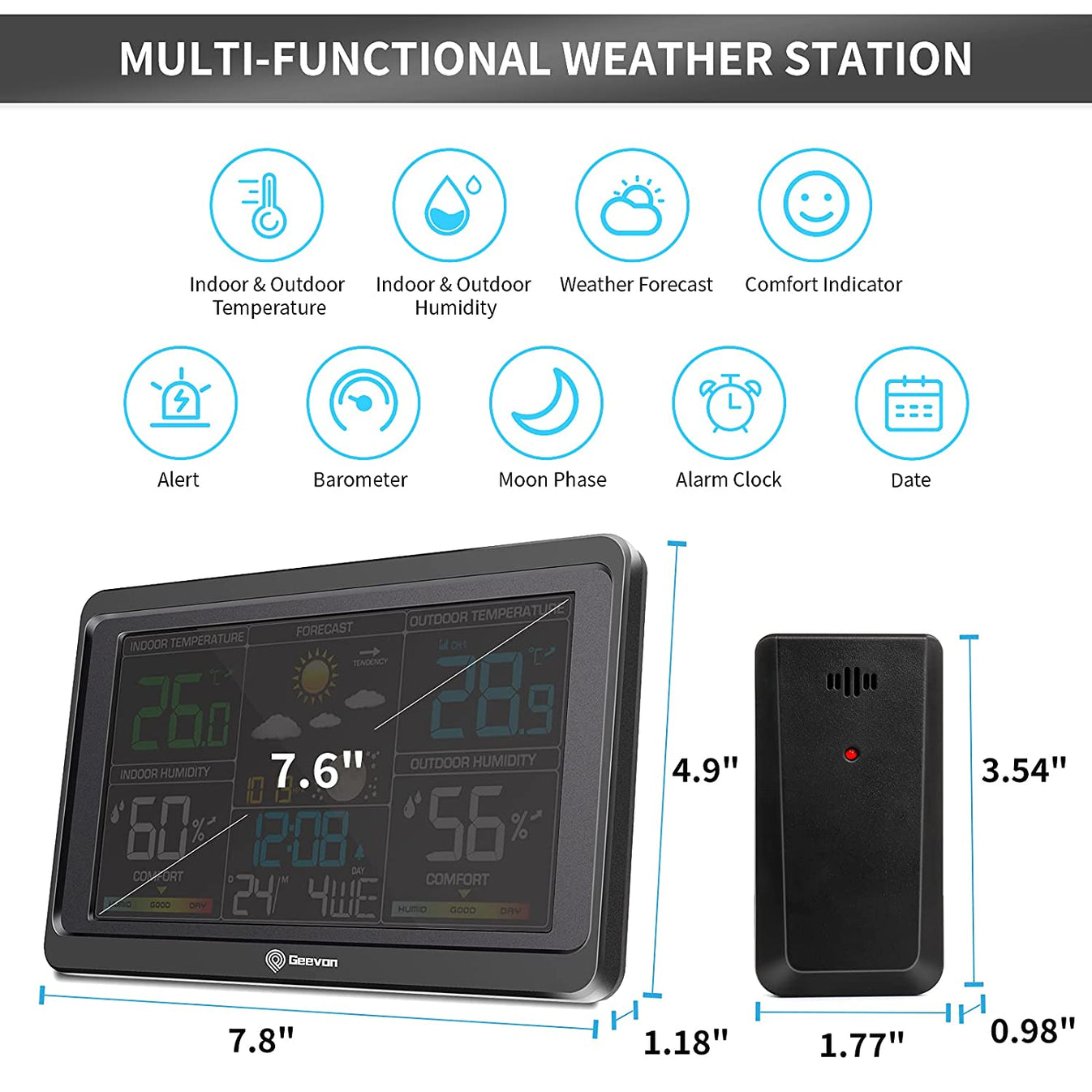 Geevon Weather Station Wireless Indoor Outdoor Thermometer, Large Colo ...