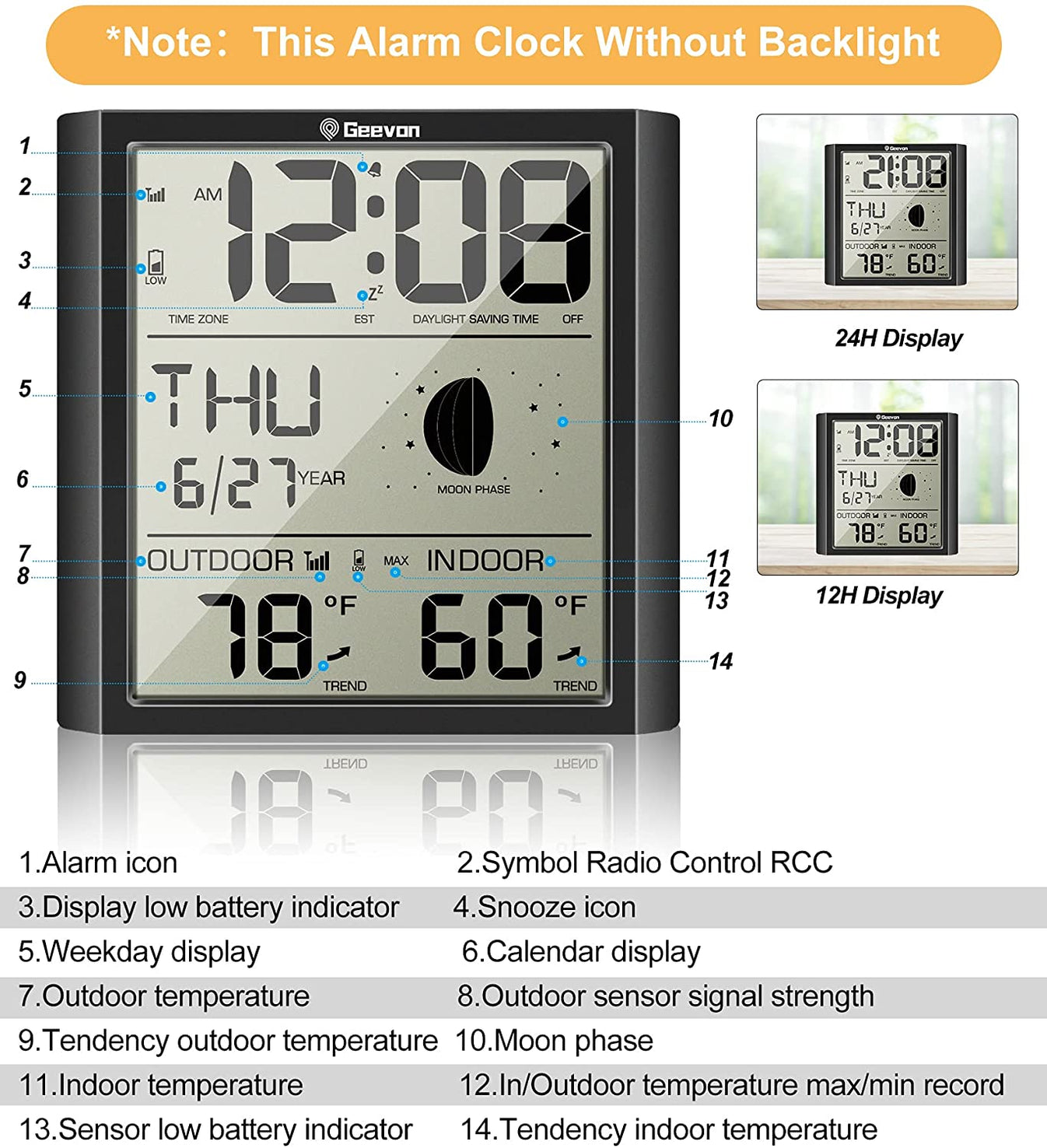 Geevon Digital Atomic Wall Clock,Auto-Set Atomic Alarm Clock with Indo ...